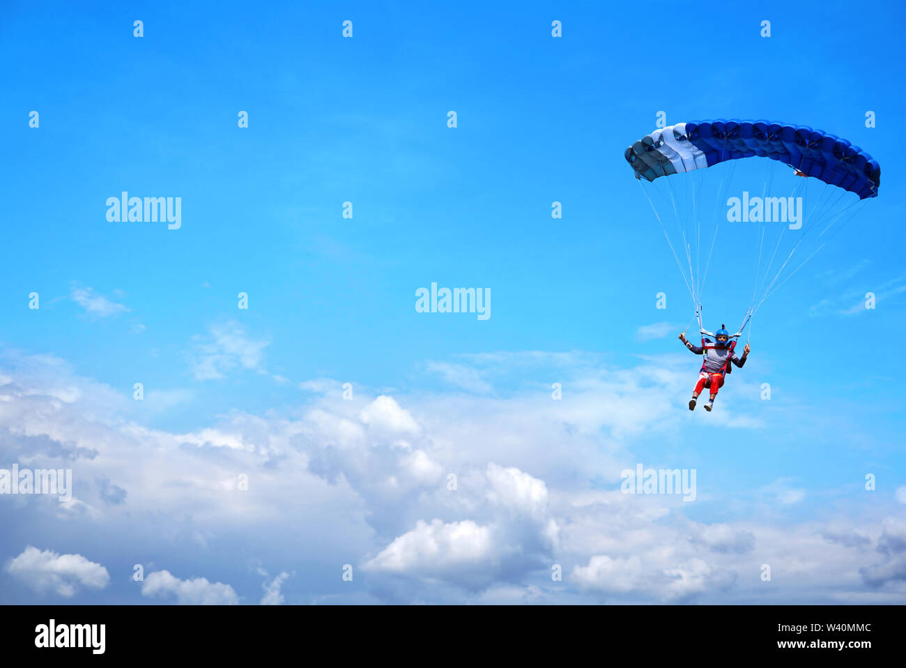 Skydiver with a blue canopy of a parachute on the background a blue sky ...