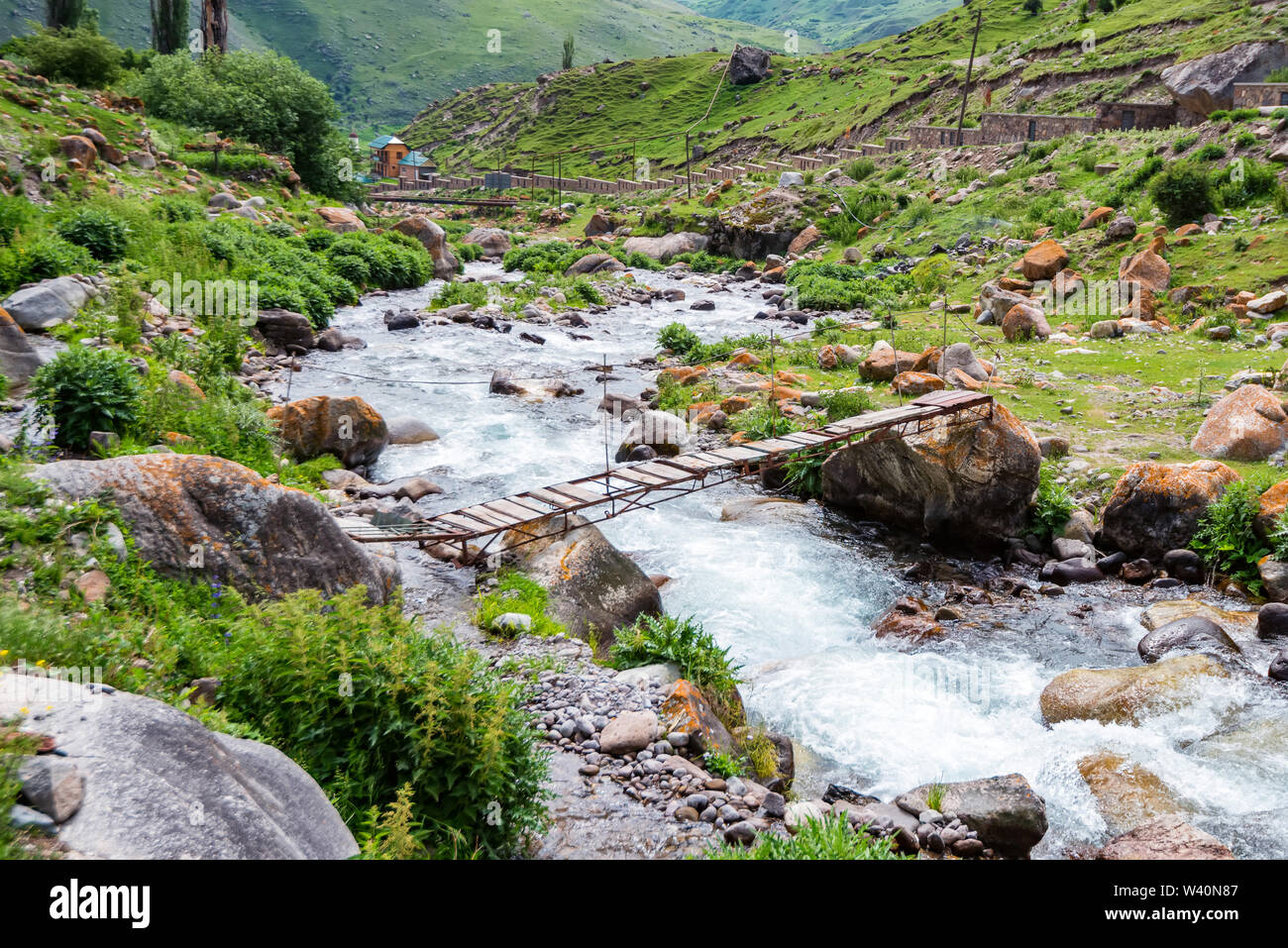 Beautiful peaceful view of water in mountain river. Slow shutter speed ...