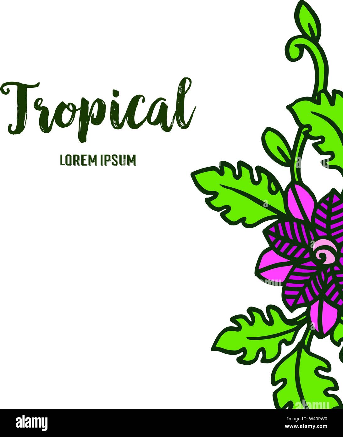 Tropical ornament concept with purple floral frame. Vector illustration ...