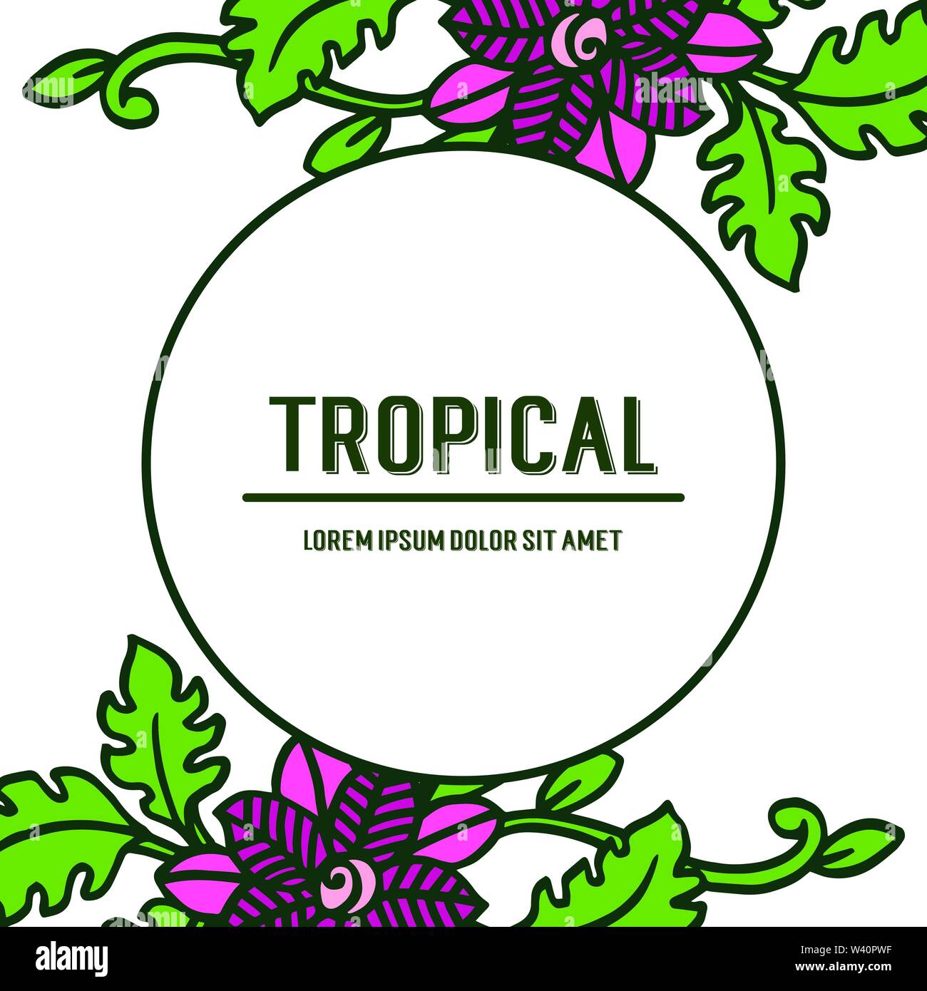 Tropical ornament concept with purple floral frame. Vector illustration ...