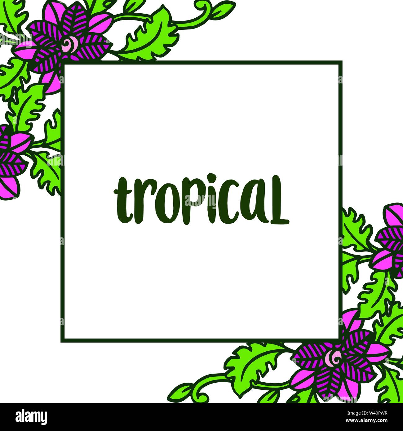 Tropical ornament concept with purple floral frame. Vector illustration ...