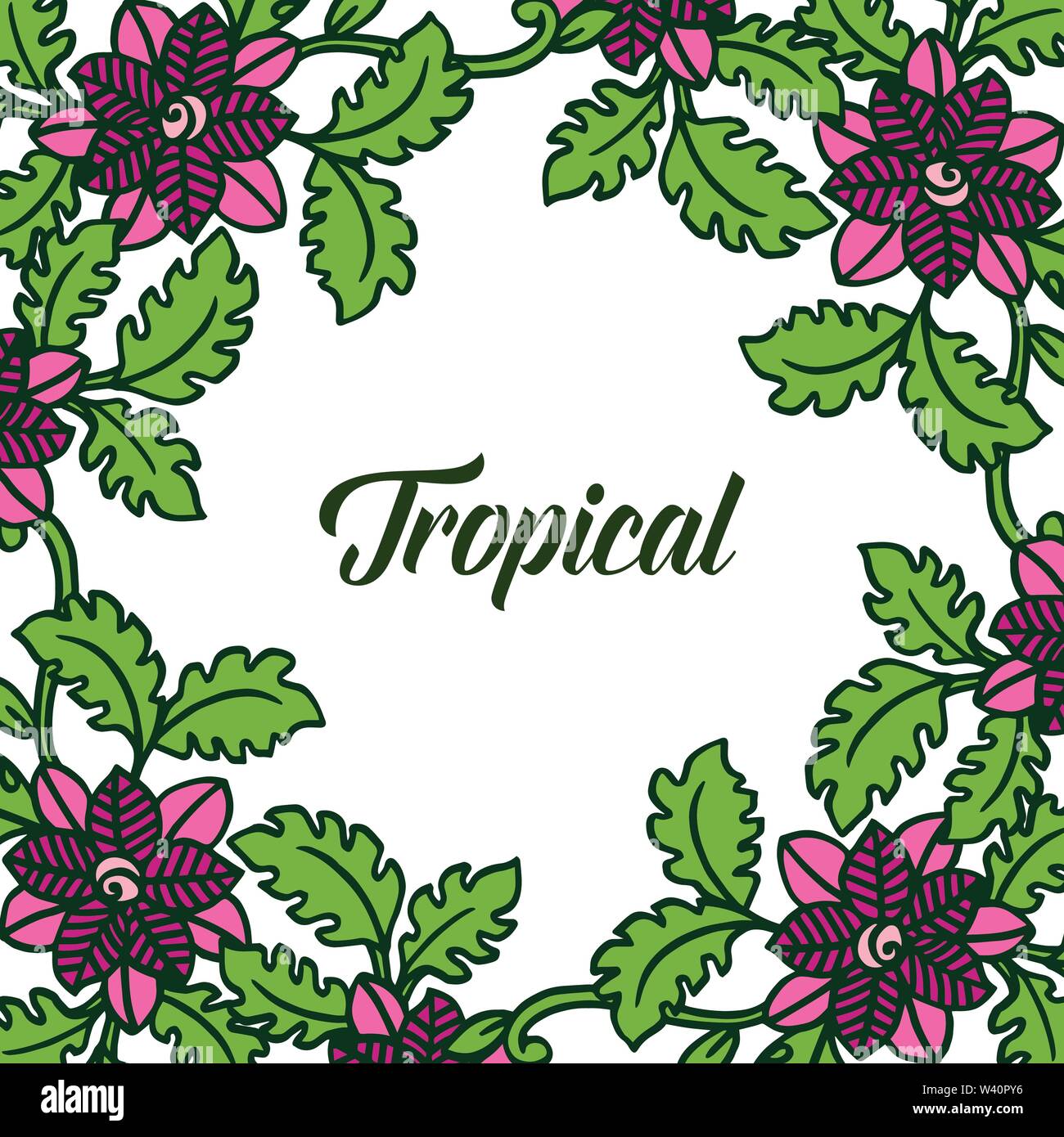 Tropical ornament concept with purple floral frame. Vector illustration ...