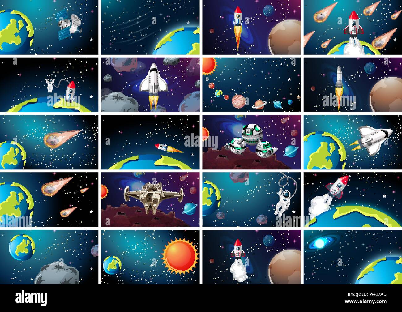 Large set of different space scenes illustration Stock Vector Image ...