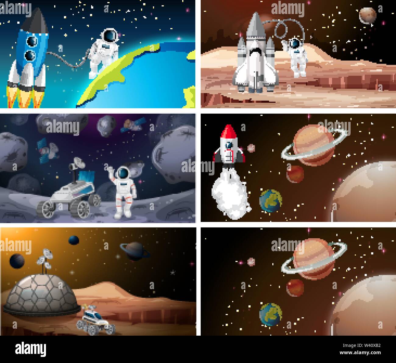 Set of astronaut and solar system scenes illustration Stock Vector ...
