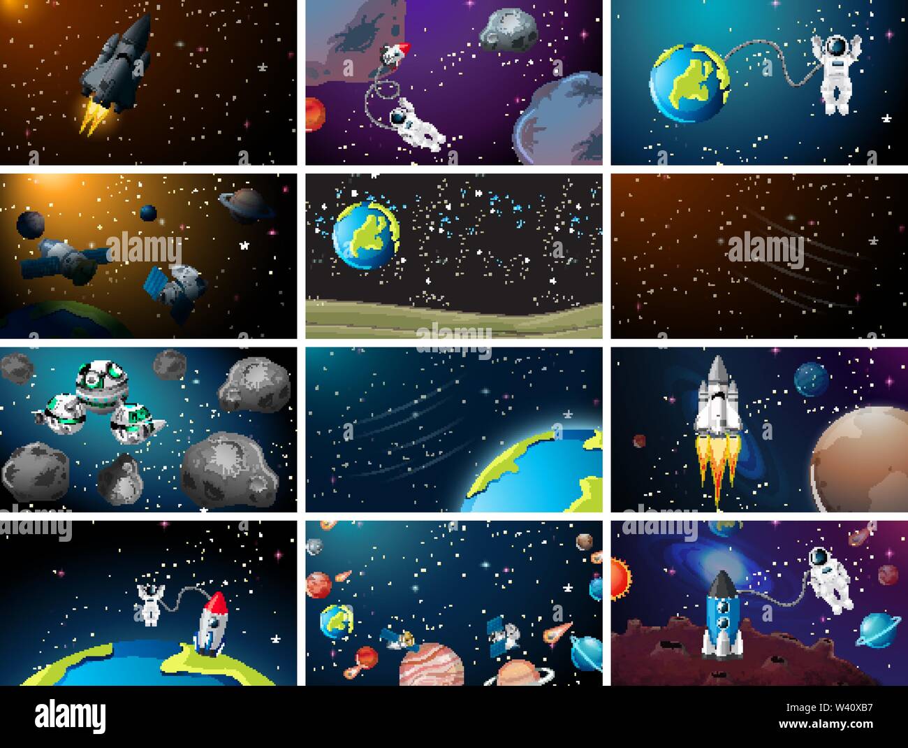 Large set of different space scenes illustration Stock Vector Image ...