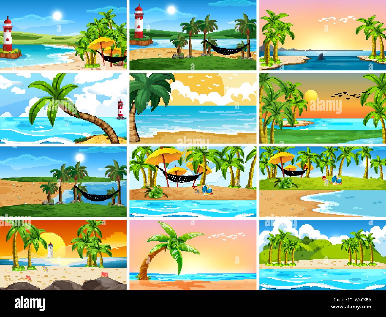 Set of tropical ocean nature scenes with beaches illustration Stock ...
