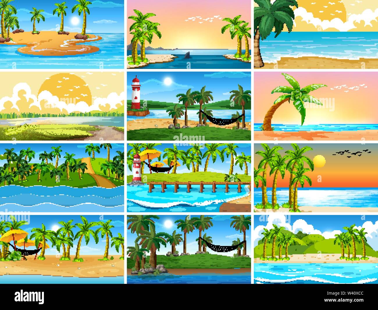 Set of tropical ocean nature scenes with beaches illustration Stock ...