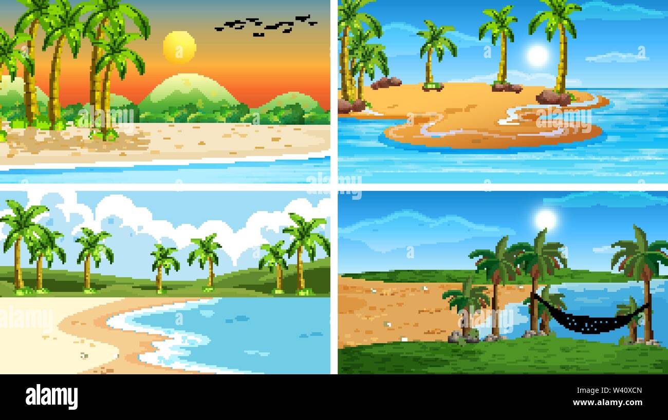 Set of tropical ocean nature scenes with beaches illustration Stock ...