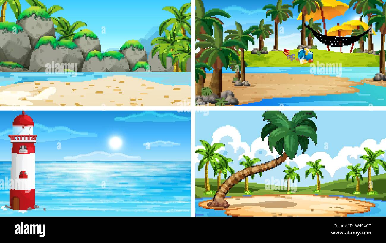 Set of tropical ocean nature scenes with beaches illustration Stock ...