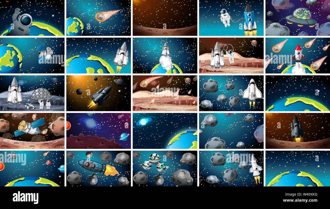 Large set of different space scenes illustration Stock Vector Image ...