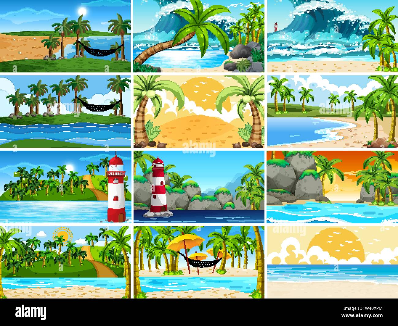 Set of tropical ocean nature scenes with beaches illustration Stock ...