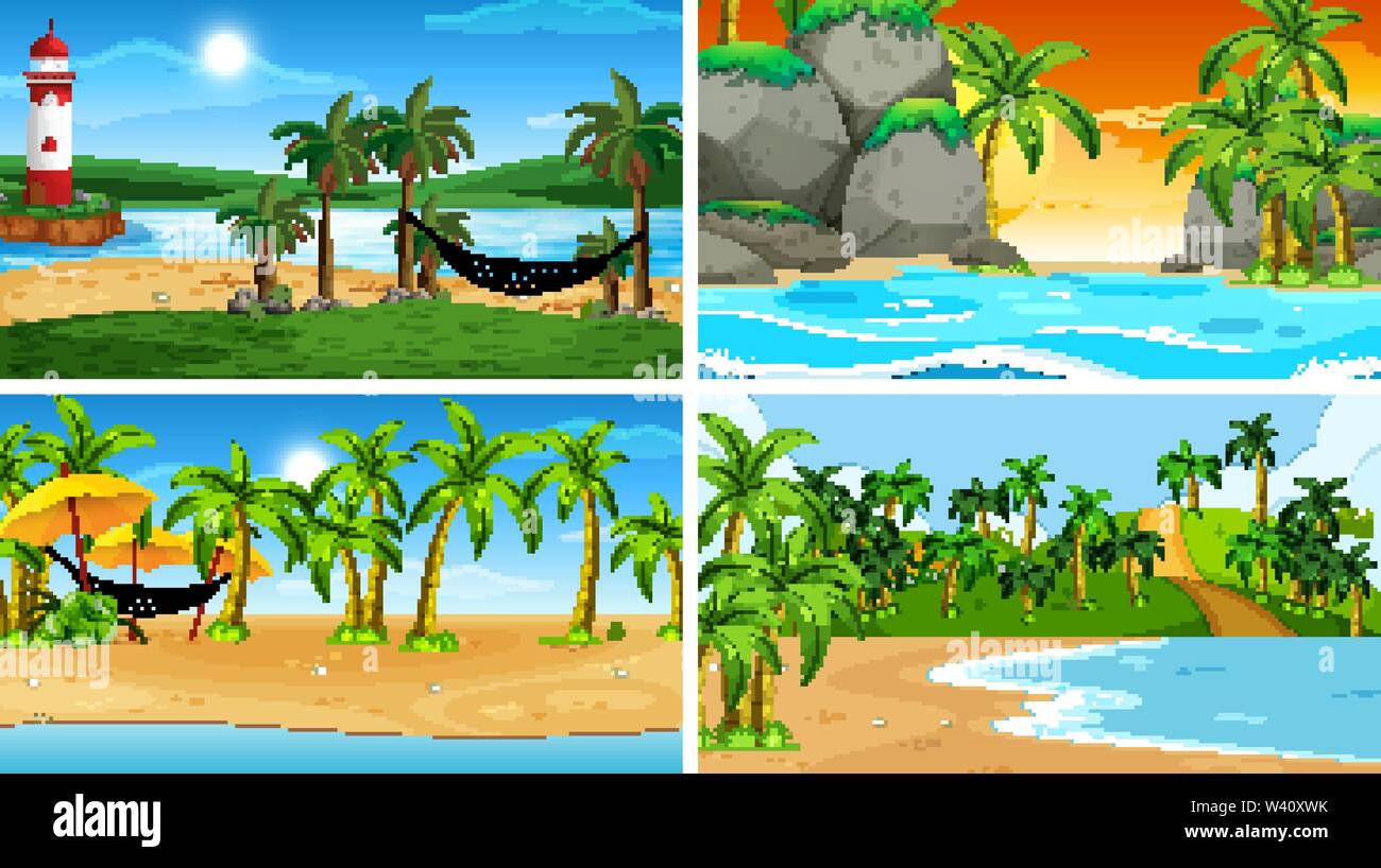 Set of tropical ocean nature scenes with beaches illustration Stock ...
