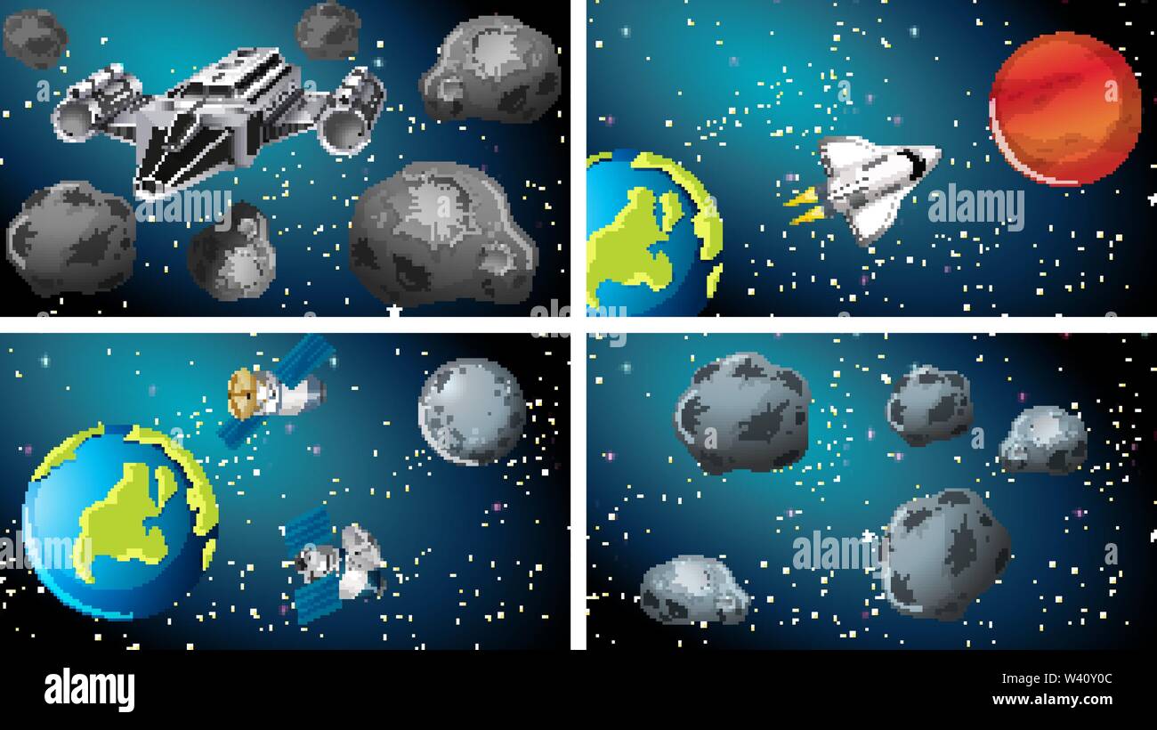 Set of space scenes with ships and satellites illustration Stock Vector ...