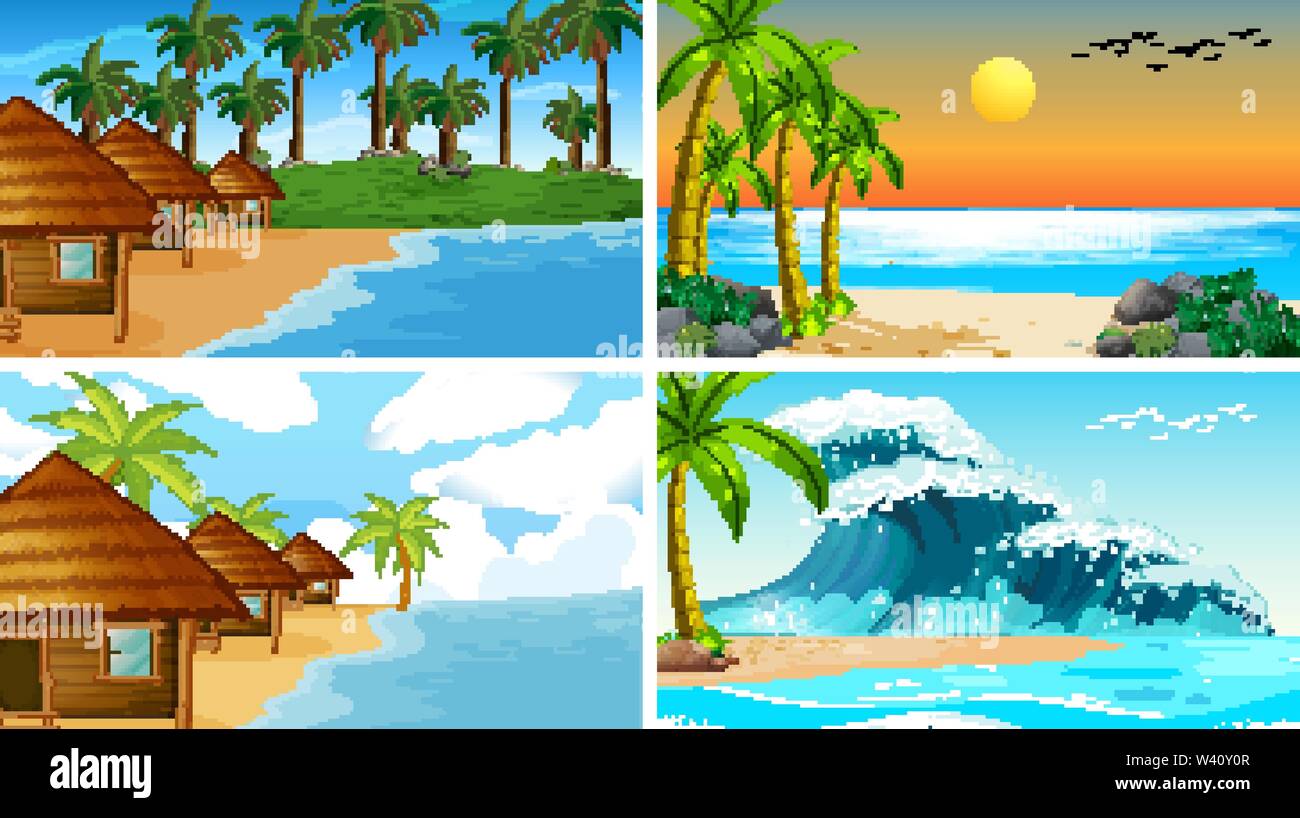 Set of tropical ocean nature scenes with beaches illustration Stock ...