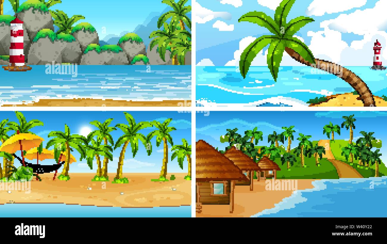 Set of tropical ocean nature scenes with beaches illustration Stock ...