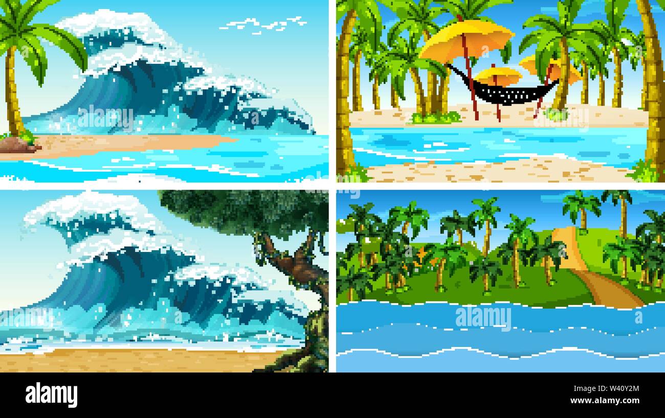 Set of tropical ocean nature scenes with beaches illustration Stock ...