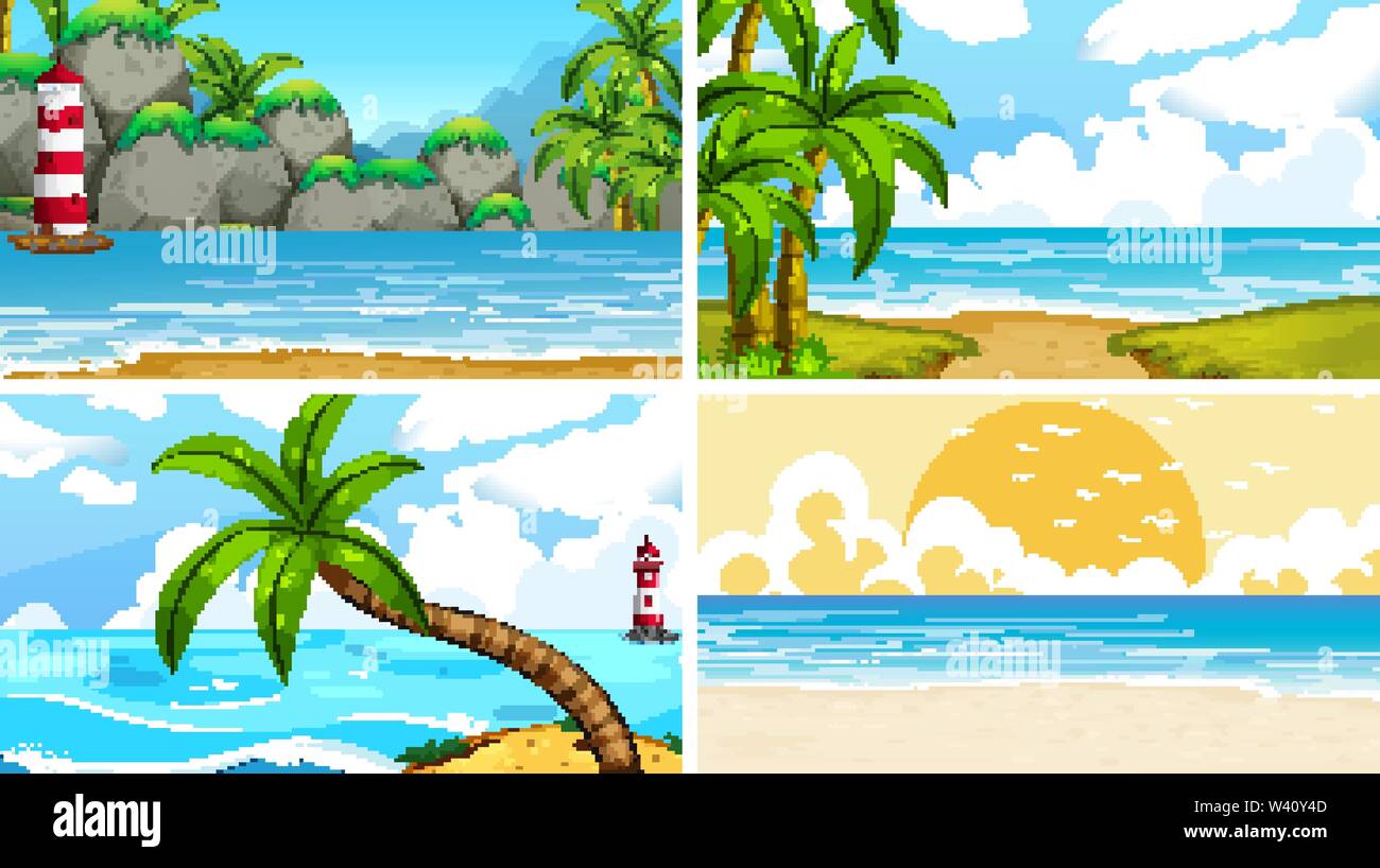 Set of tropical ocean nature scenes with beaches illustration Stock ...