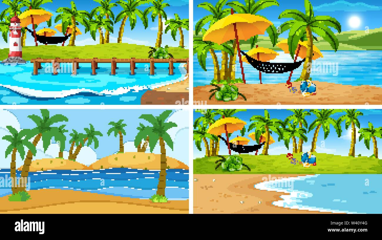 Set of tropical ocean nature scenes with beaches illustration Stock ...
