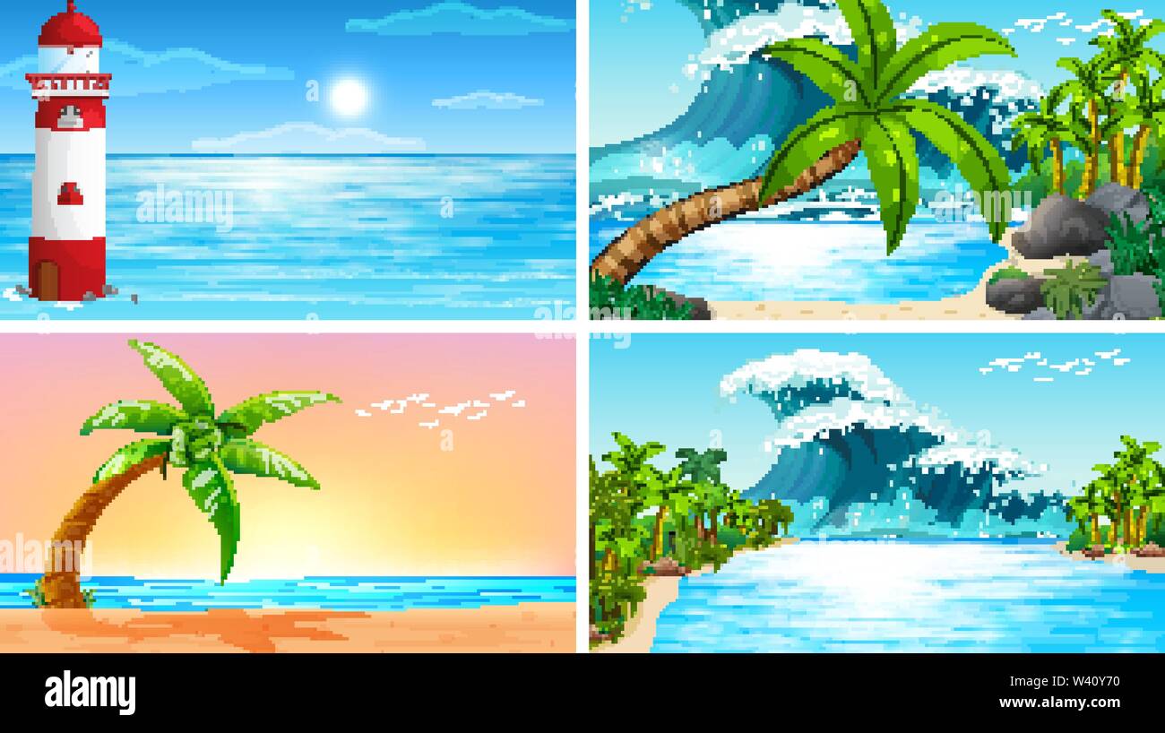 Set of tropical ocean nature scenes with beaches illustration Stock ...