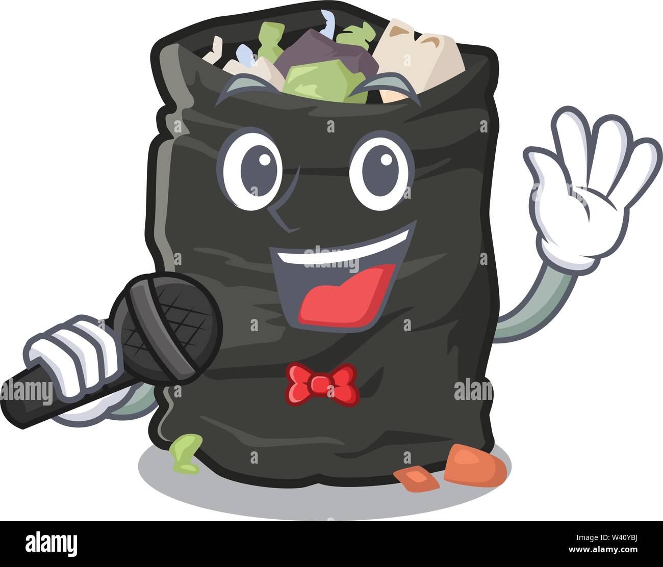 Singing cartoon garbage bag next to table vector illustration Stock ...