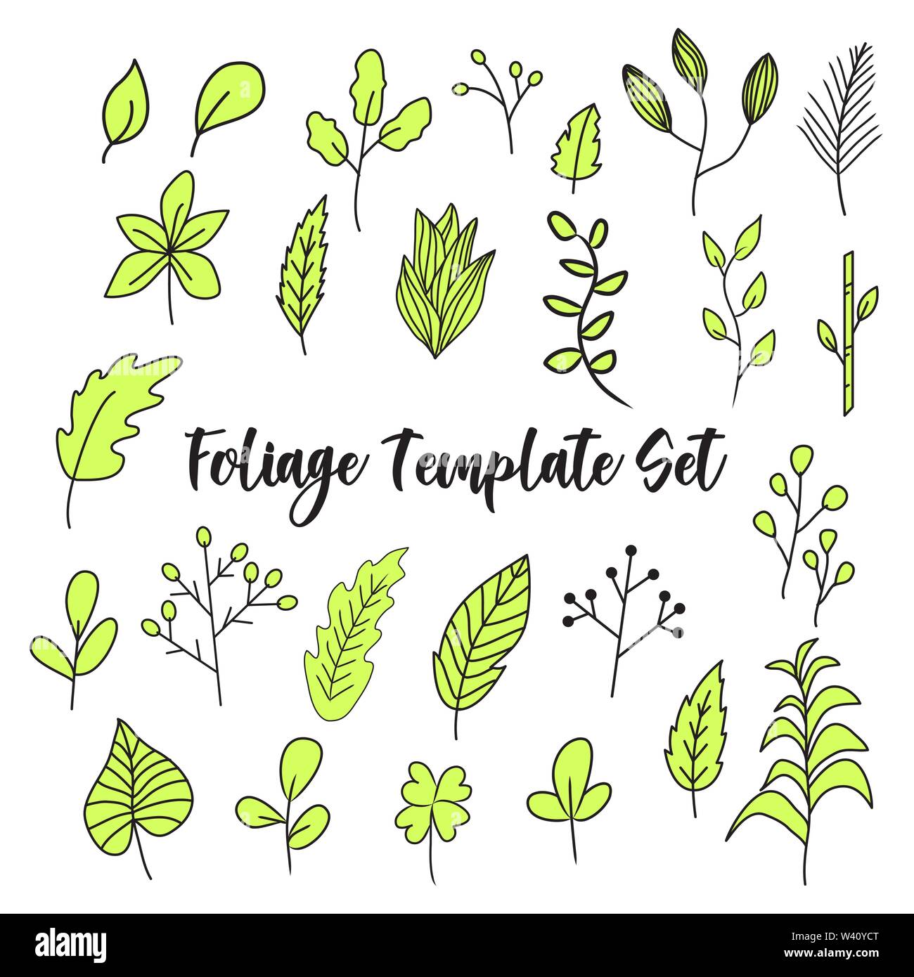 Foliage doodle template set, foliage hand drawn vector, nature ...