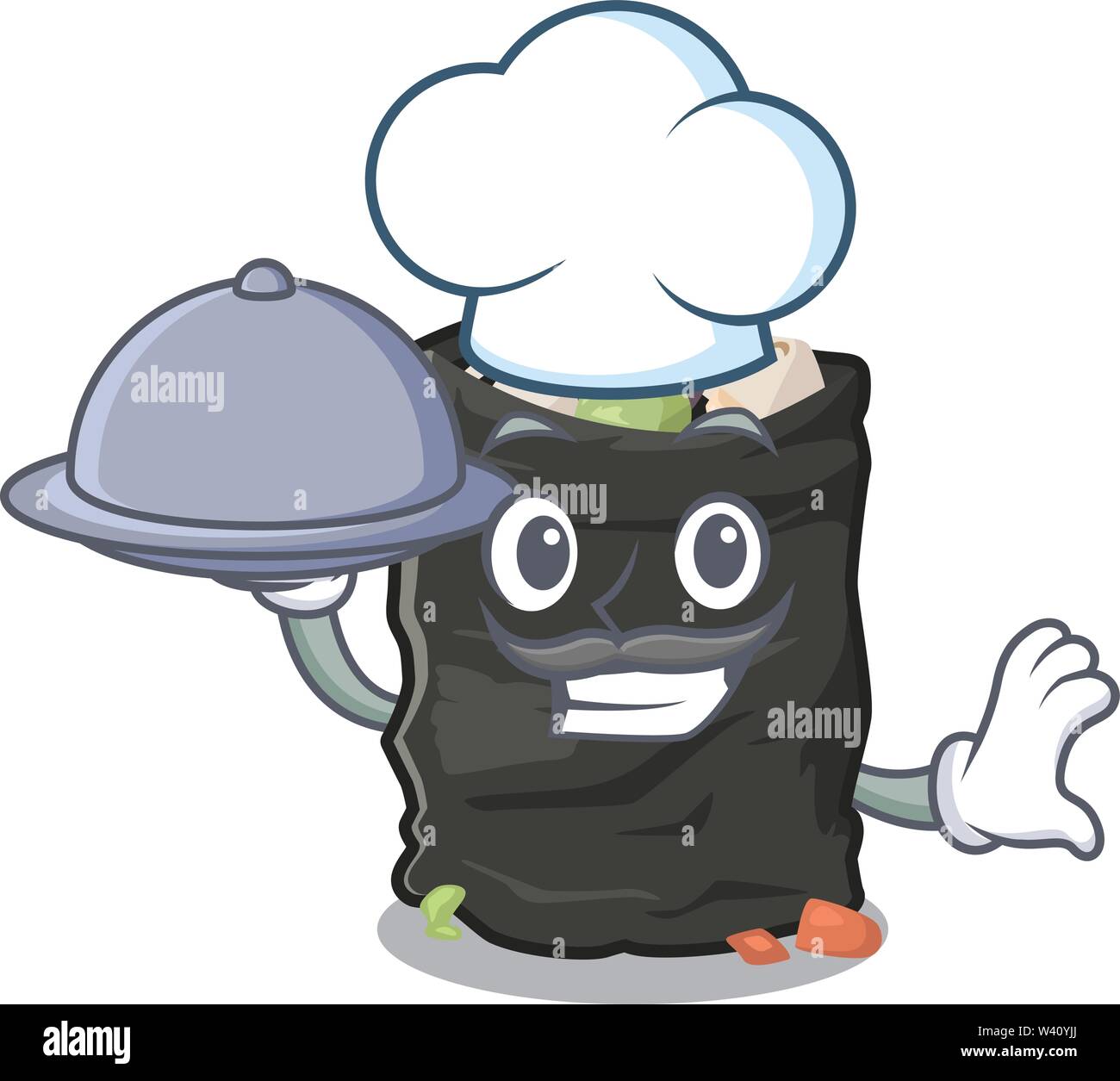Chef with food cartoon garbage bag next to table vector illustration ...