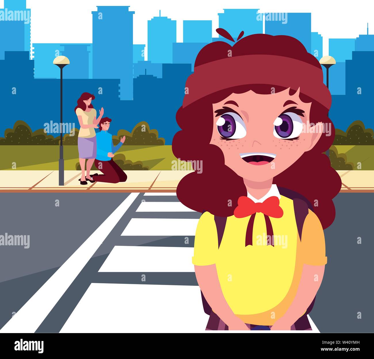 school girl with mom the street bus stop vector illustration Stock ...