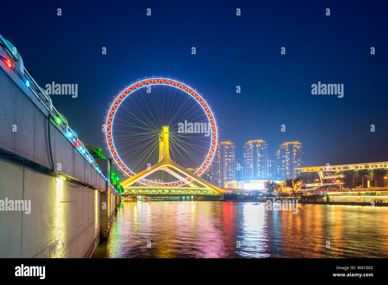 Night scene cityscape of Tianjin ferris wheel,Tianjin eyes in twilight ...