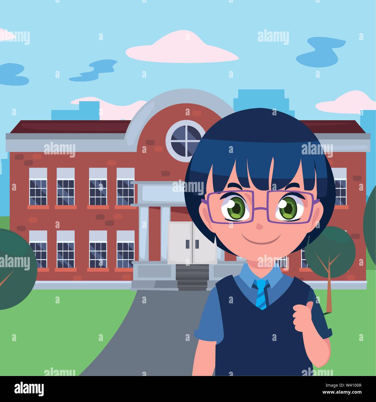 student boy school building street vector illustration Stock Vector ...