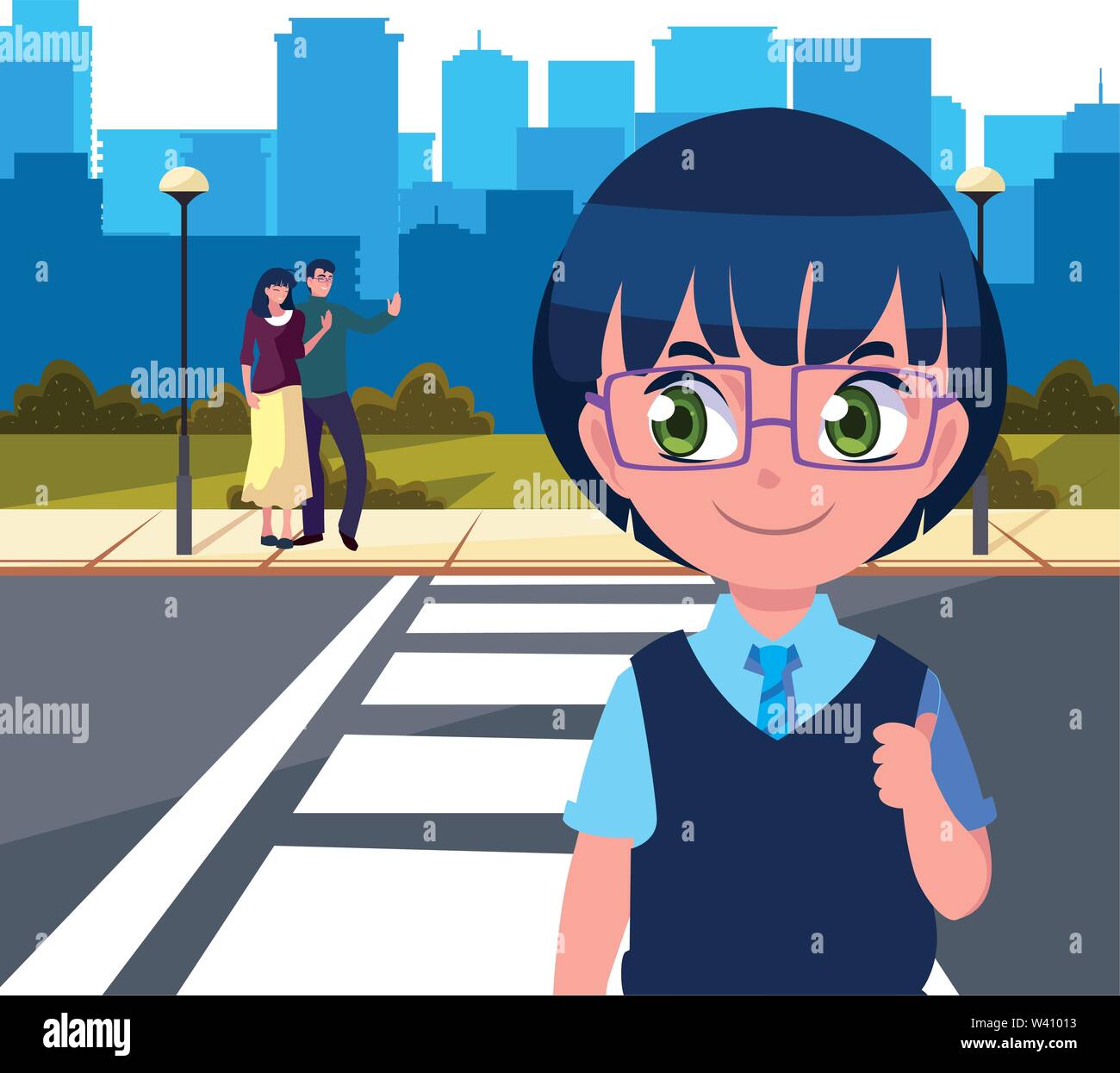 school boy with parents stop station street vector illustration Stock ...