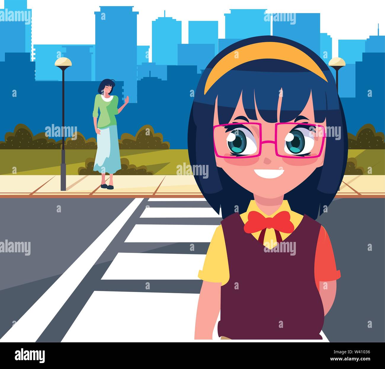 school girl with mom the street bus stop vector illustration Stock ...