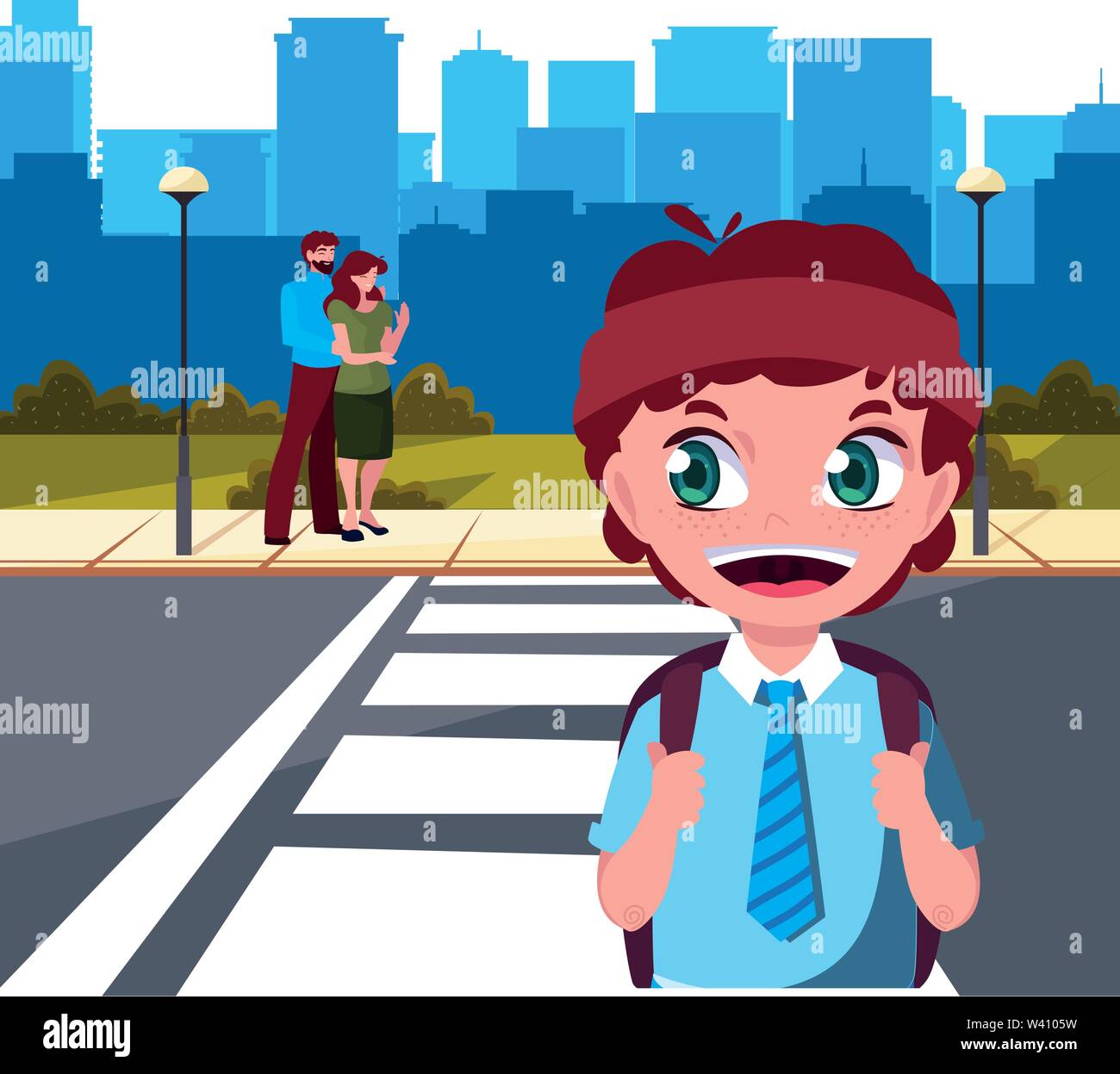 school boy with parents stop station street vector illustration Stock ...