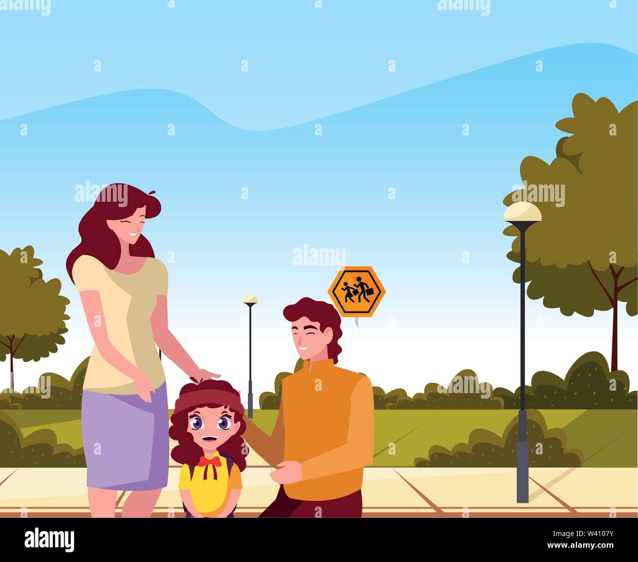 parents with school girl in the street vector illustration Stock Vector ...