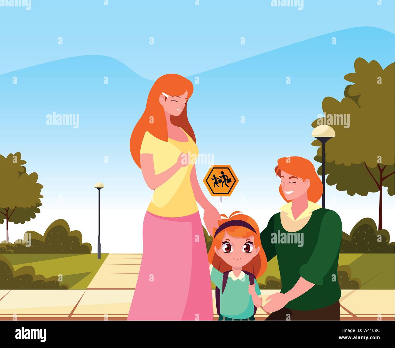 parents with school girl in the street vector illustration Stock Vector ...