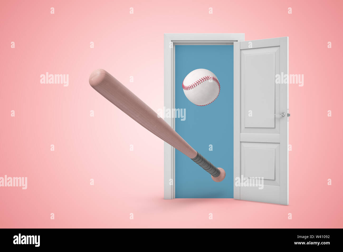3d rendering of baseball bat and ball in white open doorway on light ...