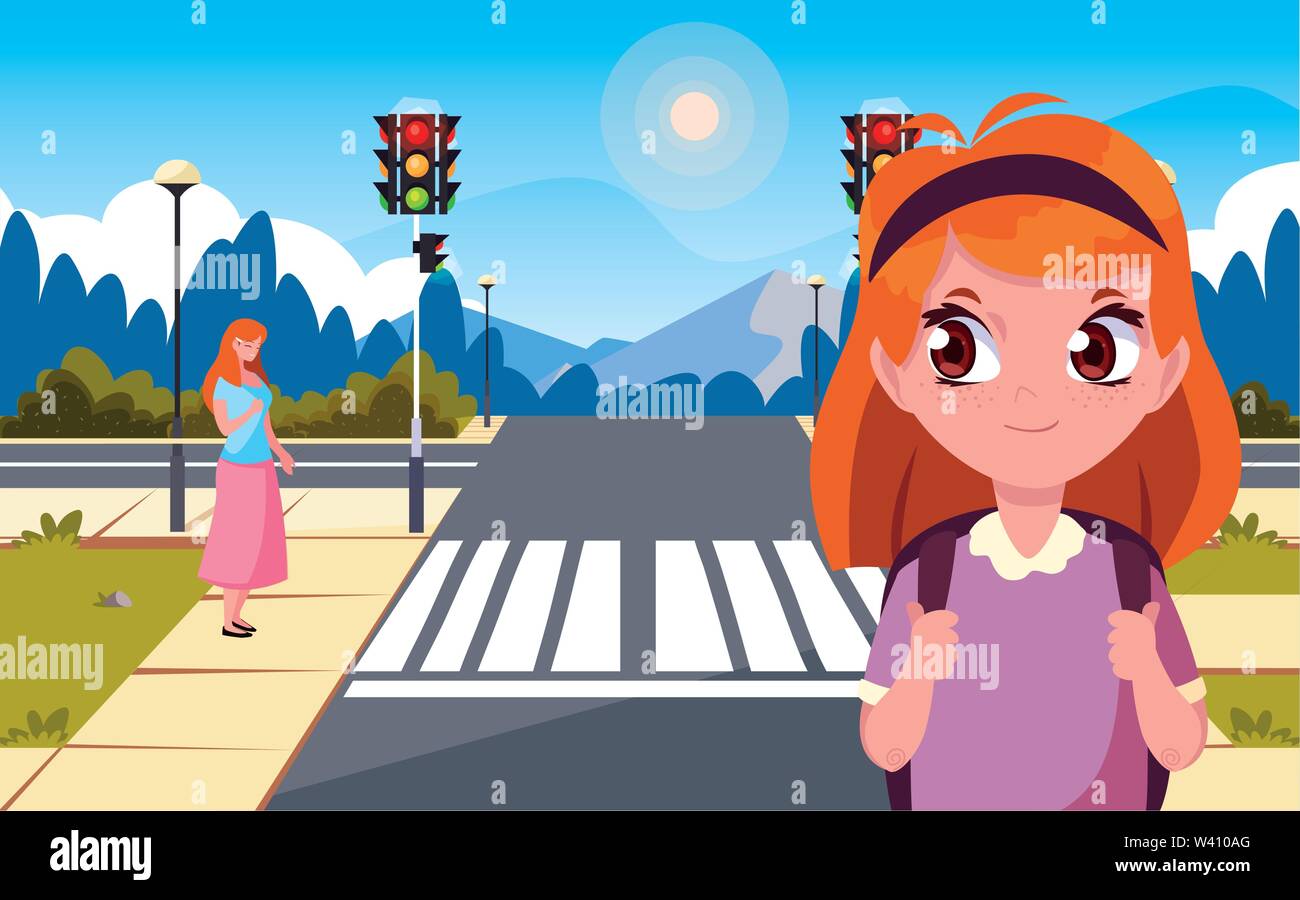 school girl with mom the street bus stop vector illustration Stock ...