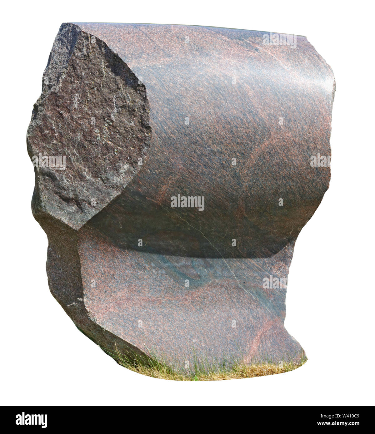 Big vertical stone of polished red granite. Isolated on white outdoor ...