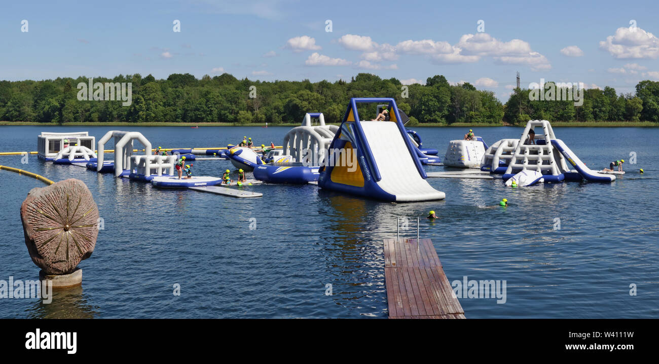 VILNIUS, LITHUANIA-JUNE 16, 2019: The water rides of the Aquaglide ...