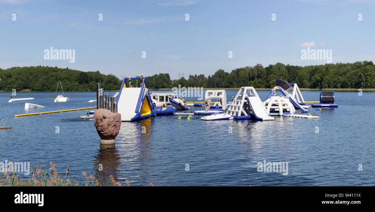 VILNIUS, LITHUANIA-JUNE 16, 2019: The water rides of the Aquaglide ...