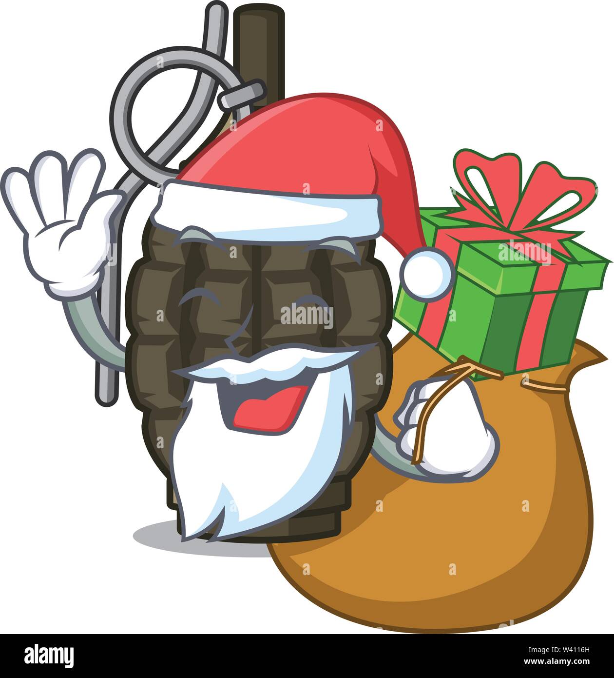 Santa with gift grenade toys above wooden cartoon table vector ...