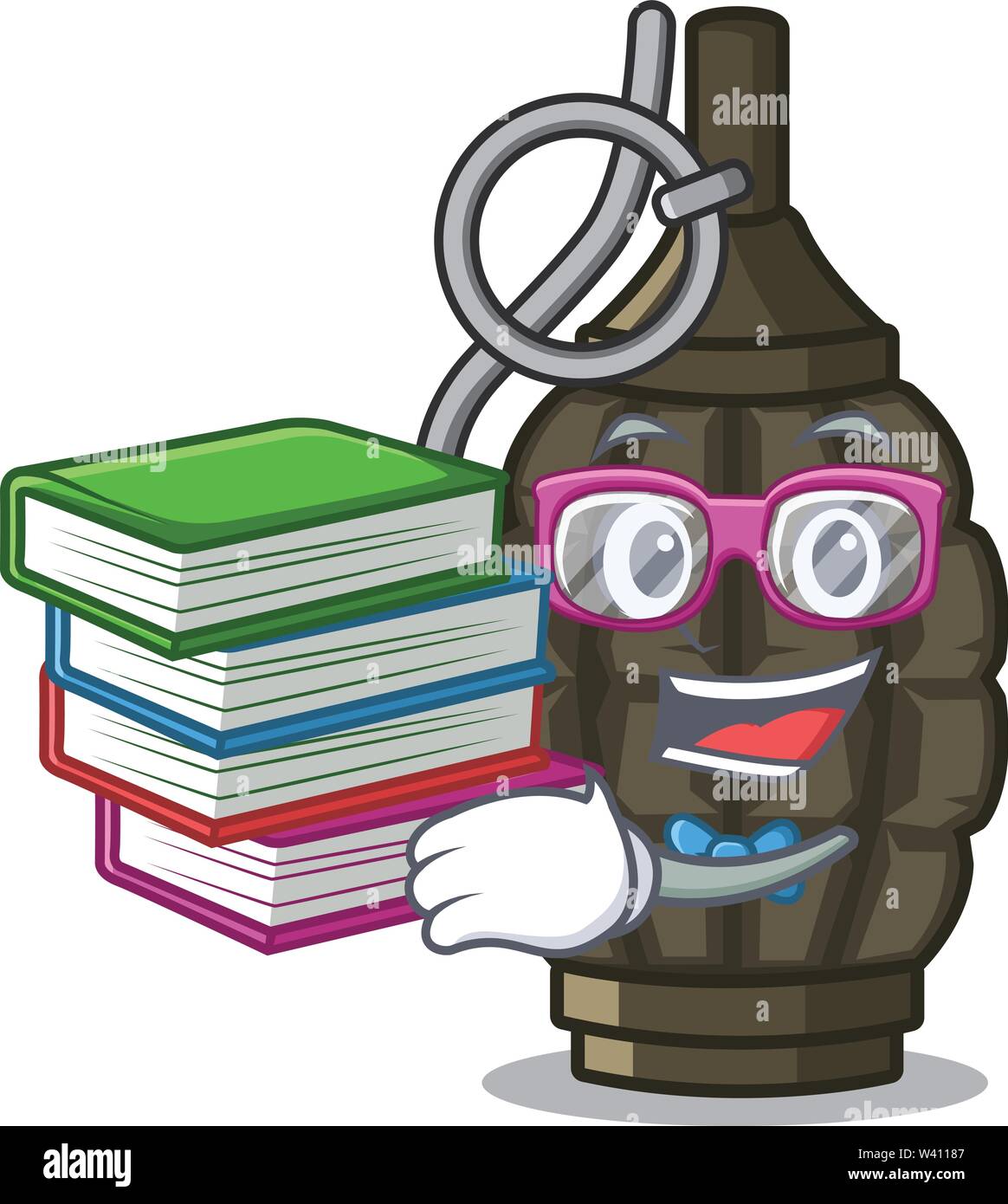 Student with book grenade toys above wooden cartoon table vector ...