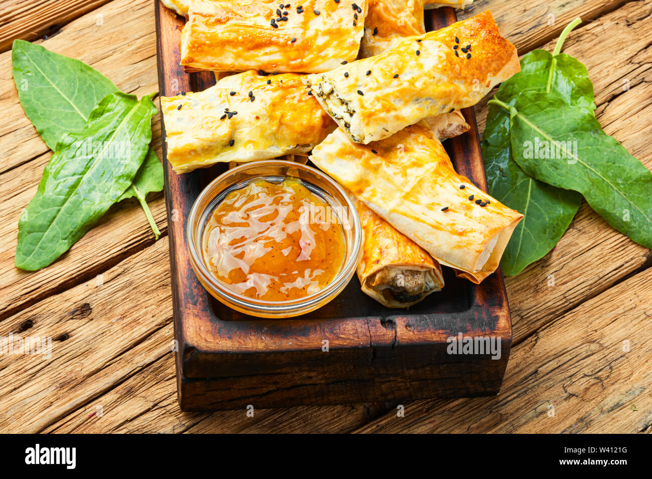 Pastries with spinach and cottage cheese.Turkish cuisine.Turkish pastry ...
