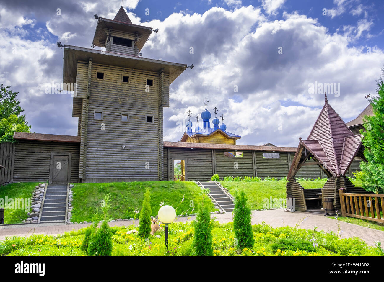 Wooden fence fortifications and little church of Mazyr Castle in ...