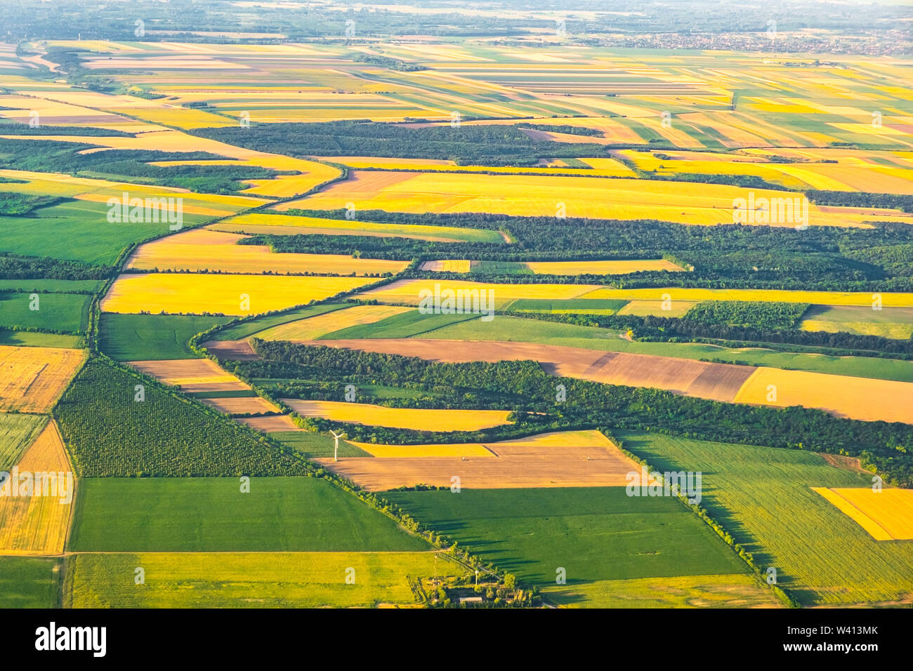 Aeriall view of scenic countryside - patchwork of agricultural yellow ...