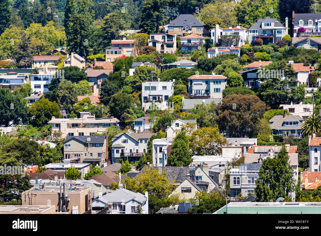 Aerial view of residential neighborhood built on a hill, Berkeley, San ...