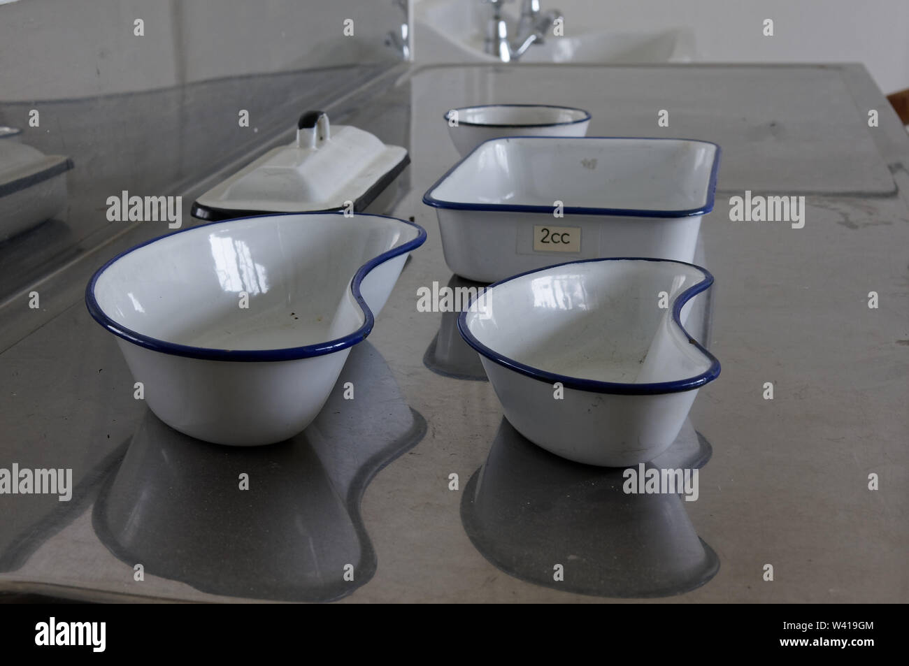 Enamel kidney dishes on a stainless steel work top in a dental ...