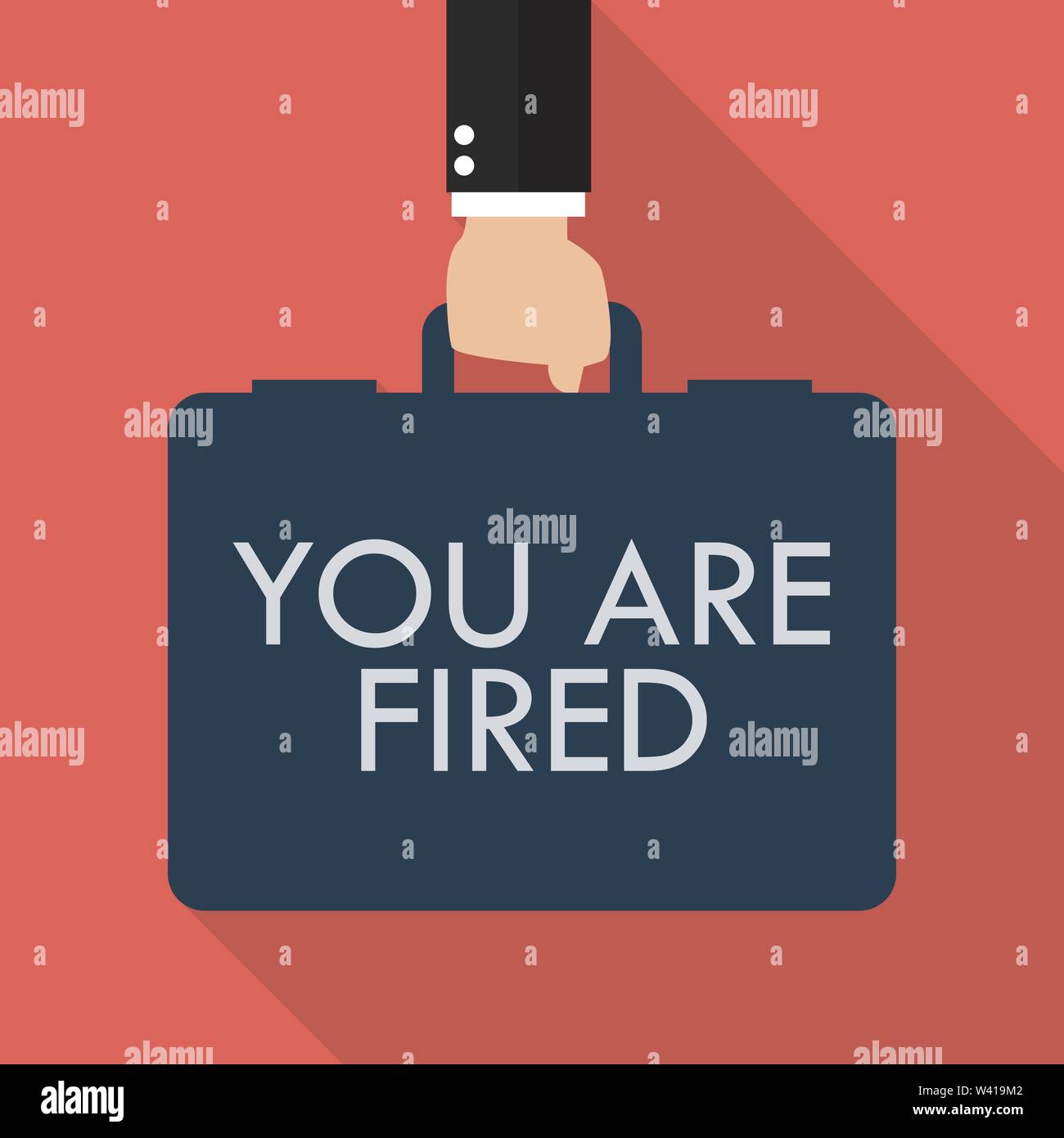 Businessman hand holding briefcase with words You are fired. vector ...