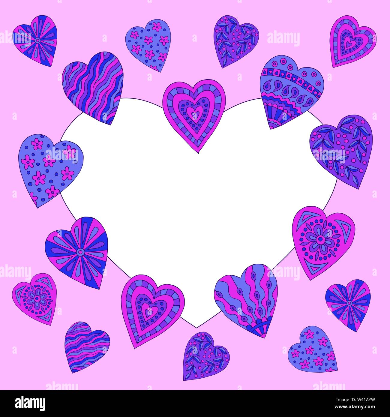 Beautiful colorful frame of abstract neon purple doodle hearts Stock ...