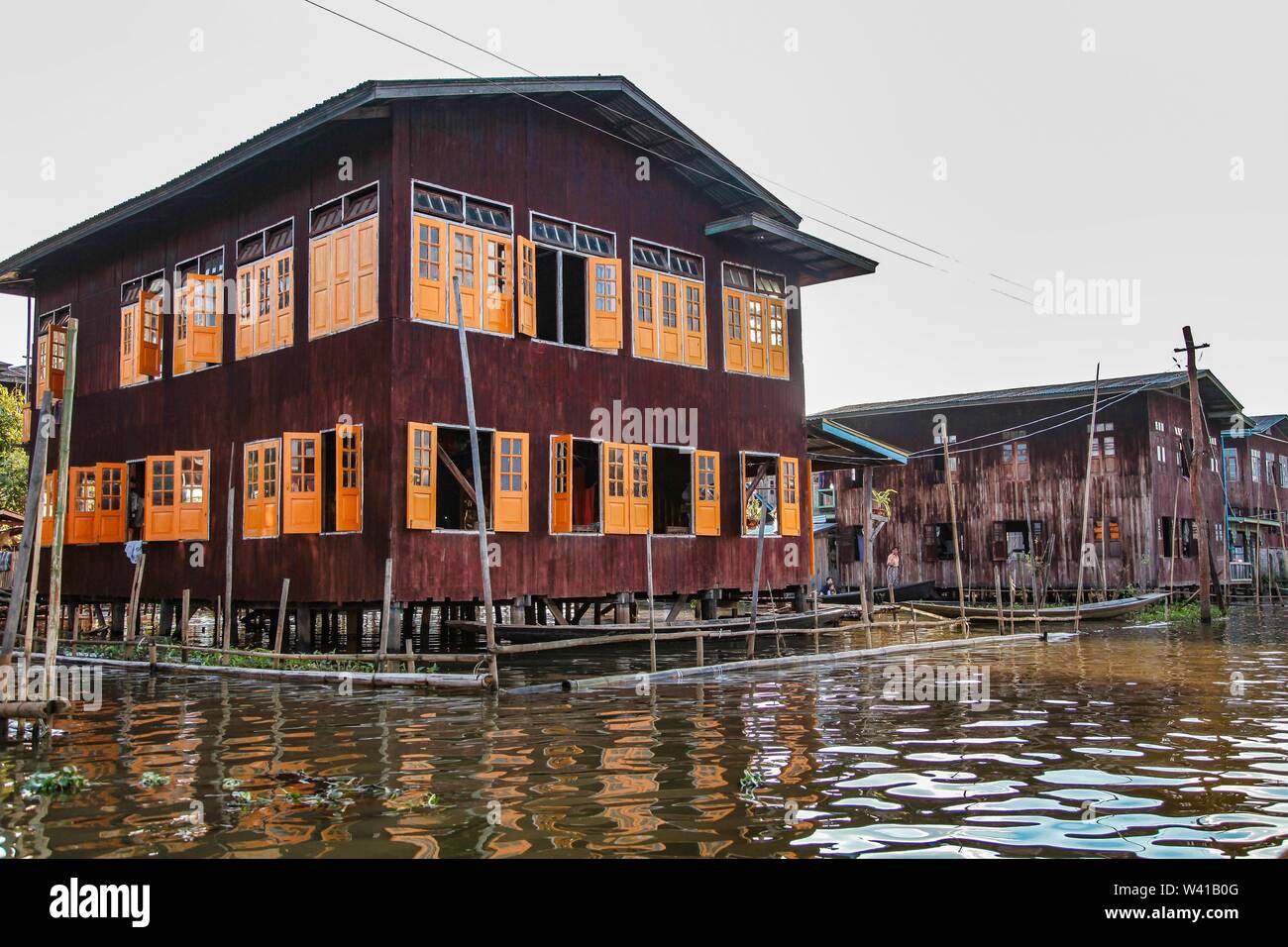 Wooden floating houses on Inle Lake in Shan, Myanmar. Inle Lake is a ...