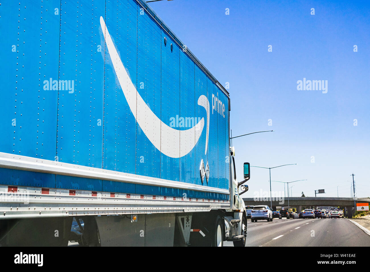 July 13, 2019 Newark / CA / USA - Amazon truck driving on the freeway ...